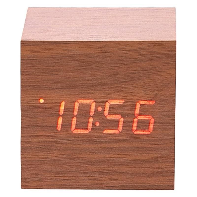 Brown LED Wooden Cube Table Clock - 6cm x 6cm x 6cm | The Base Warehouse